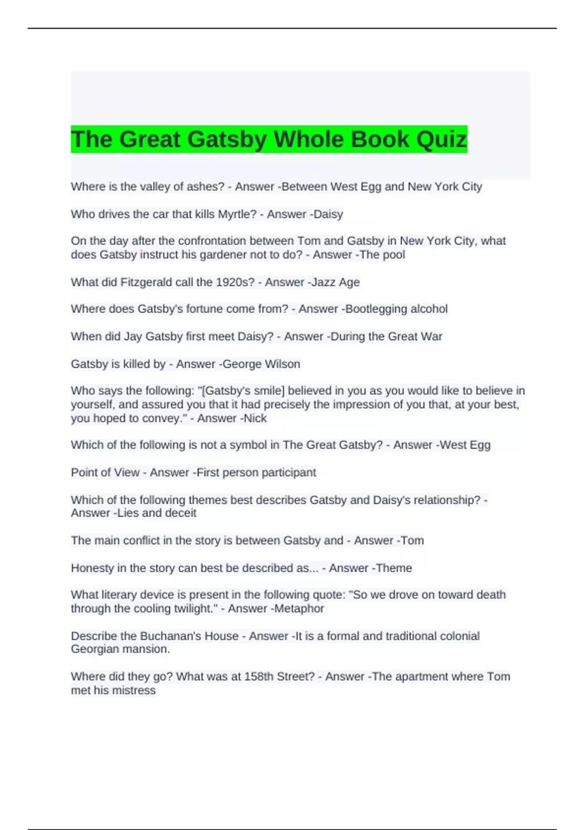 The Great Gatsby Whole Book Quiz with correct Answers - The Great ...