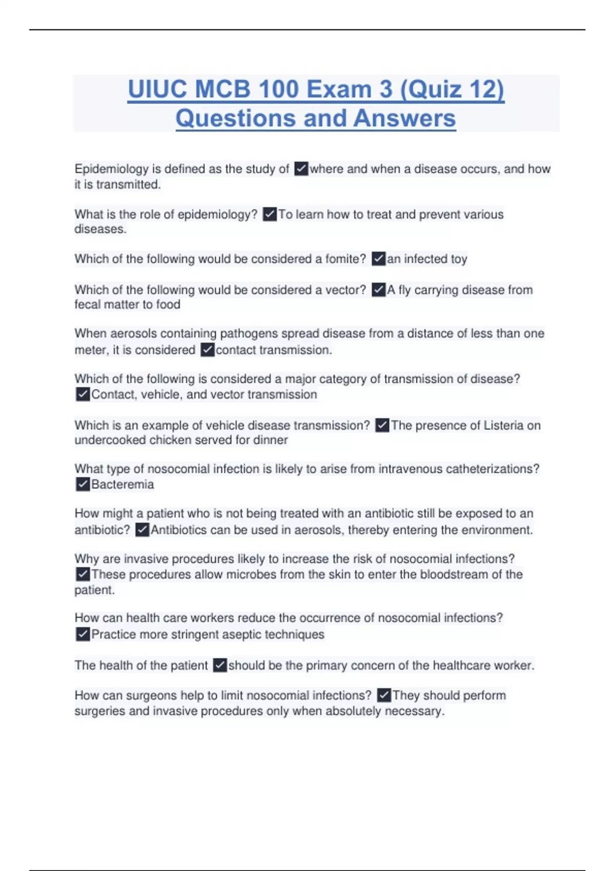 UIUC MCB 100 Exam 3 (Quiz 12) Questions and Answers - MCB 100 - Stuvia US