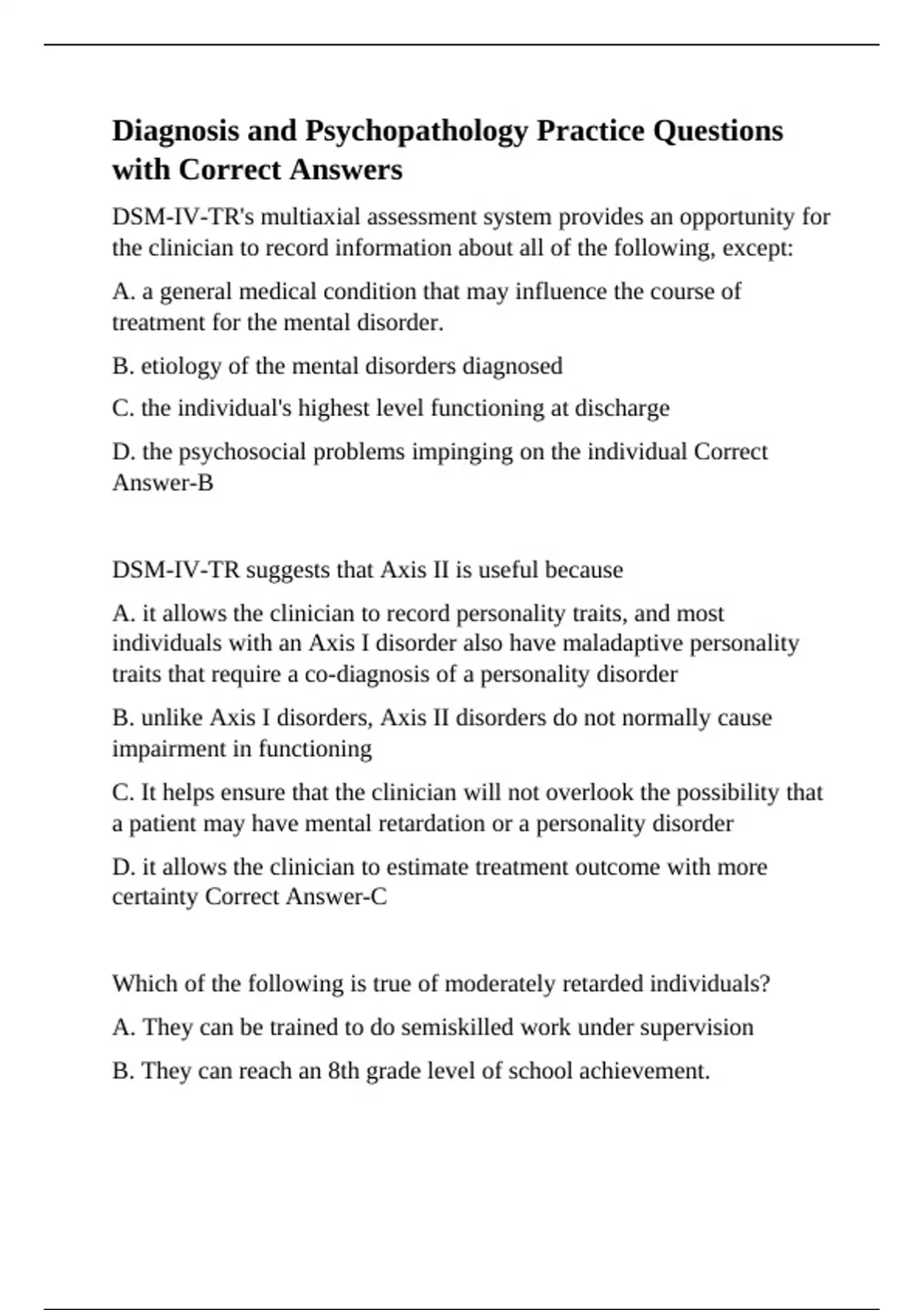 Diagnosis and Psychopathology Practice Questions with Correct Answers ...