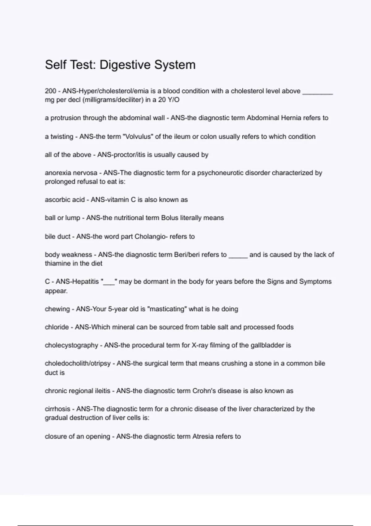 Self Test_ Digestive System Questions & 100% Verified Correct Answers ...