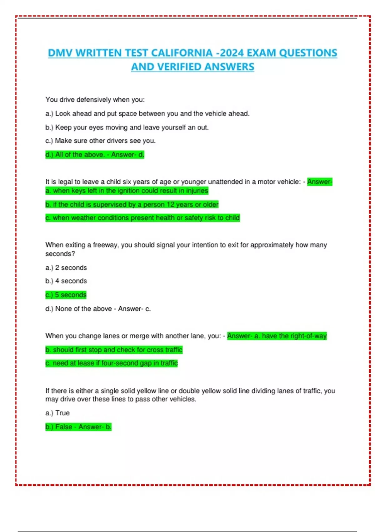 DMV WRITTEN TEST CALIFORNIA -2024 EXAM QUESTIONS AND VERIFIED ANSWERS ...