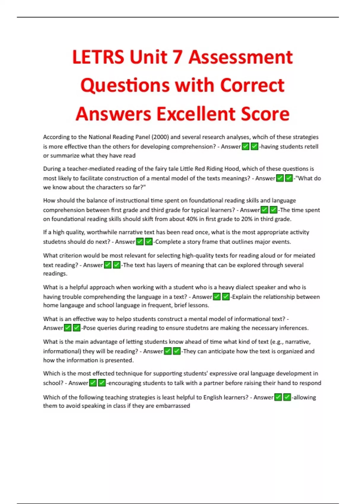 LETRS Unit 7 Assessment Questions with Correct Answers Excellent Score ...