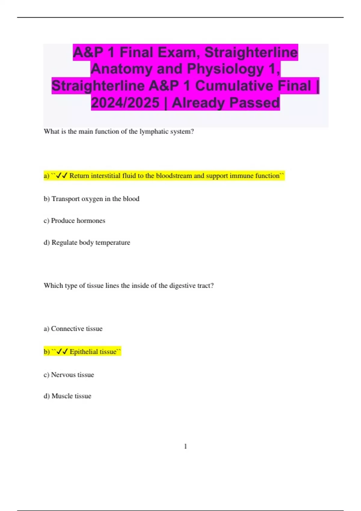 A&P 1 Final Exam, Straighterline Anatomy and Physiology 1 ...