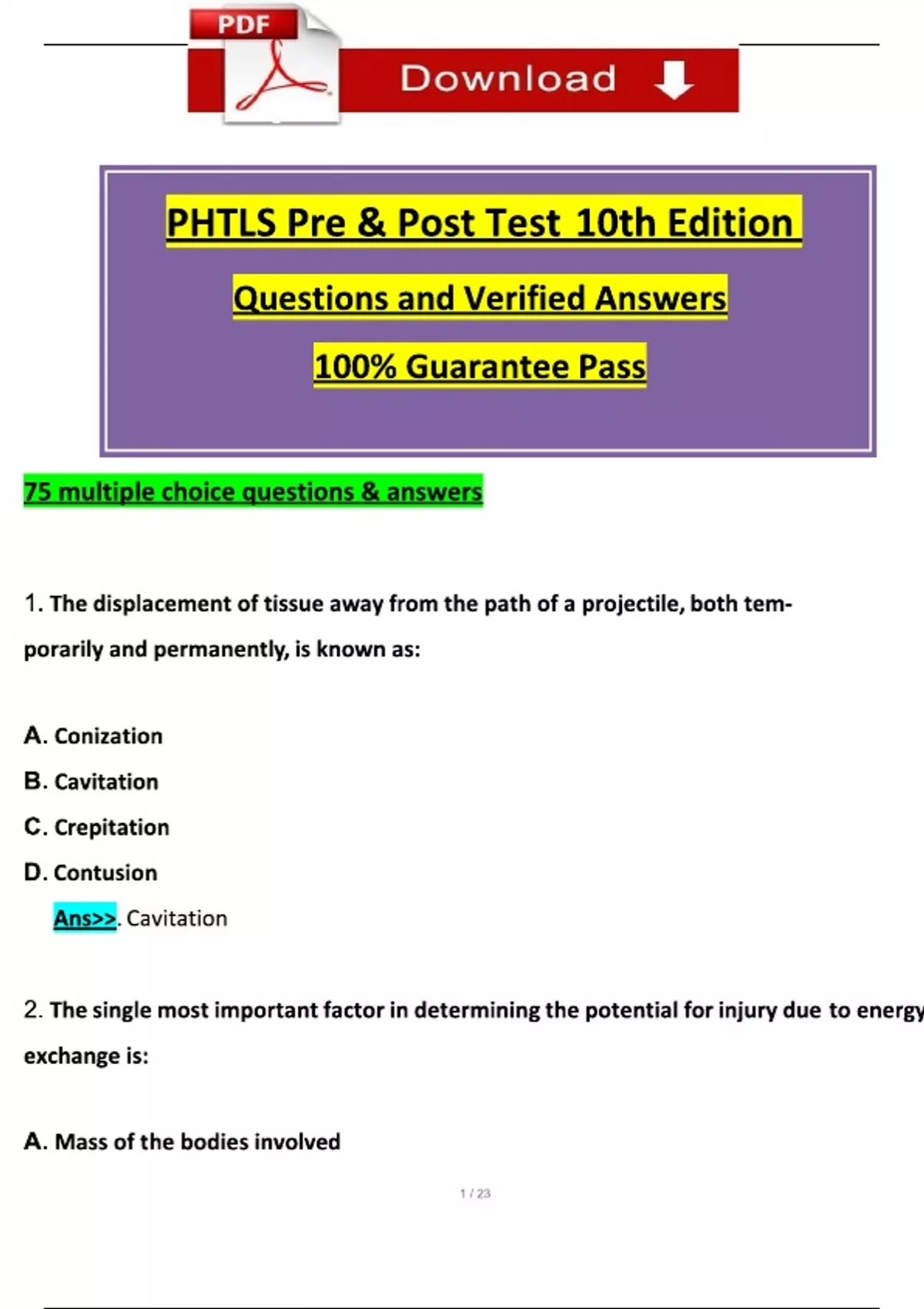 PHTLS Pre and Post-Test 10th Edition Questions and Verified Answers ...