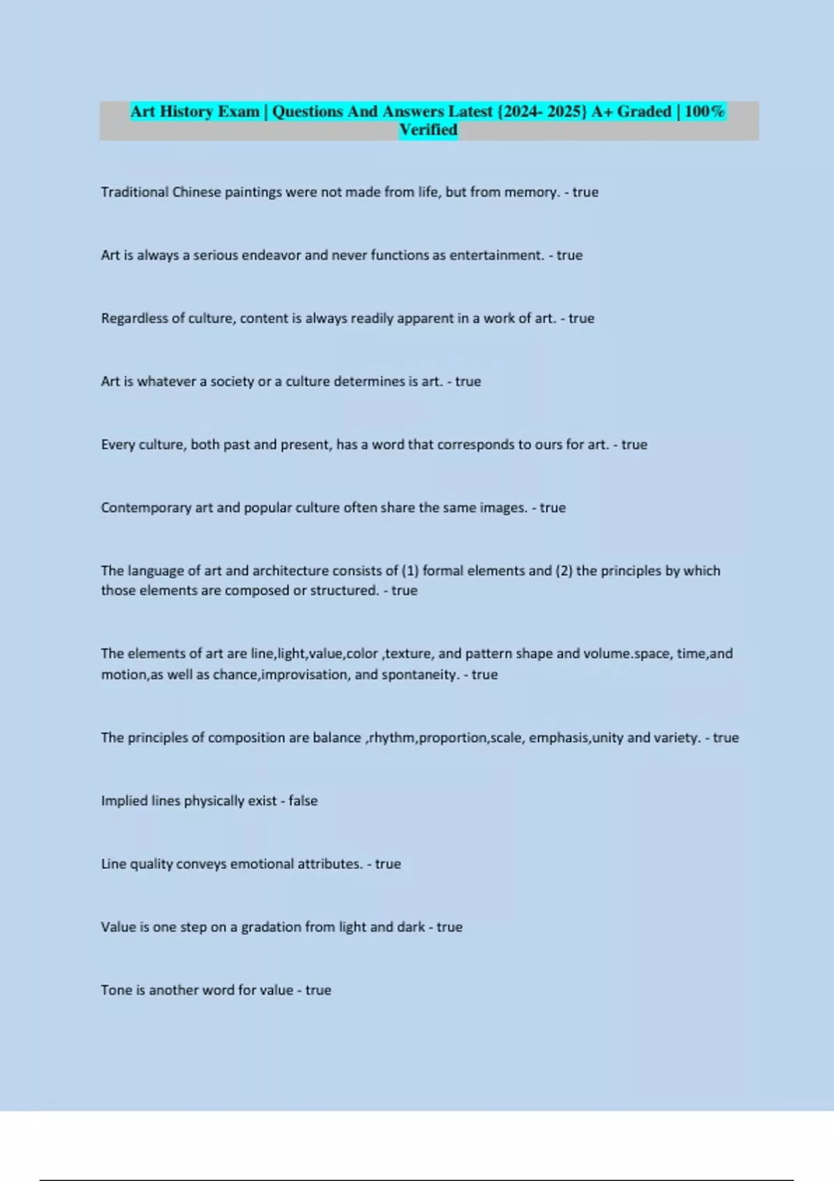 Art History Exam | Questions And Answers Latest {} A+ Graded | 100% ...