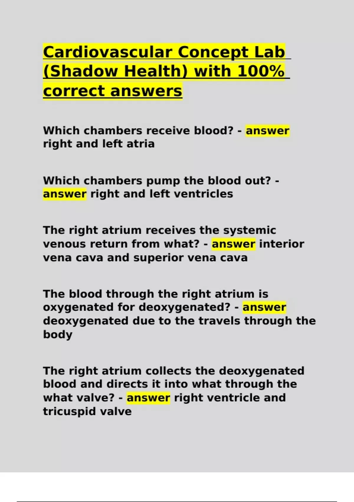Cardiovascular Concept Lab (Shadow Health) with 100- correct answers ...