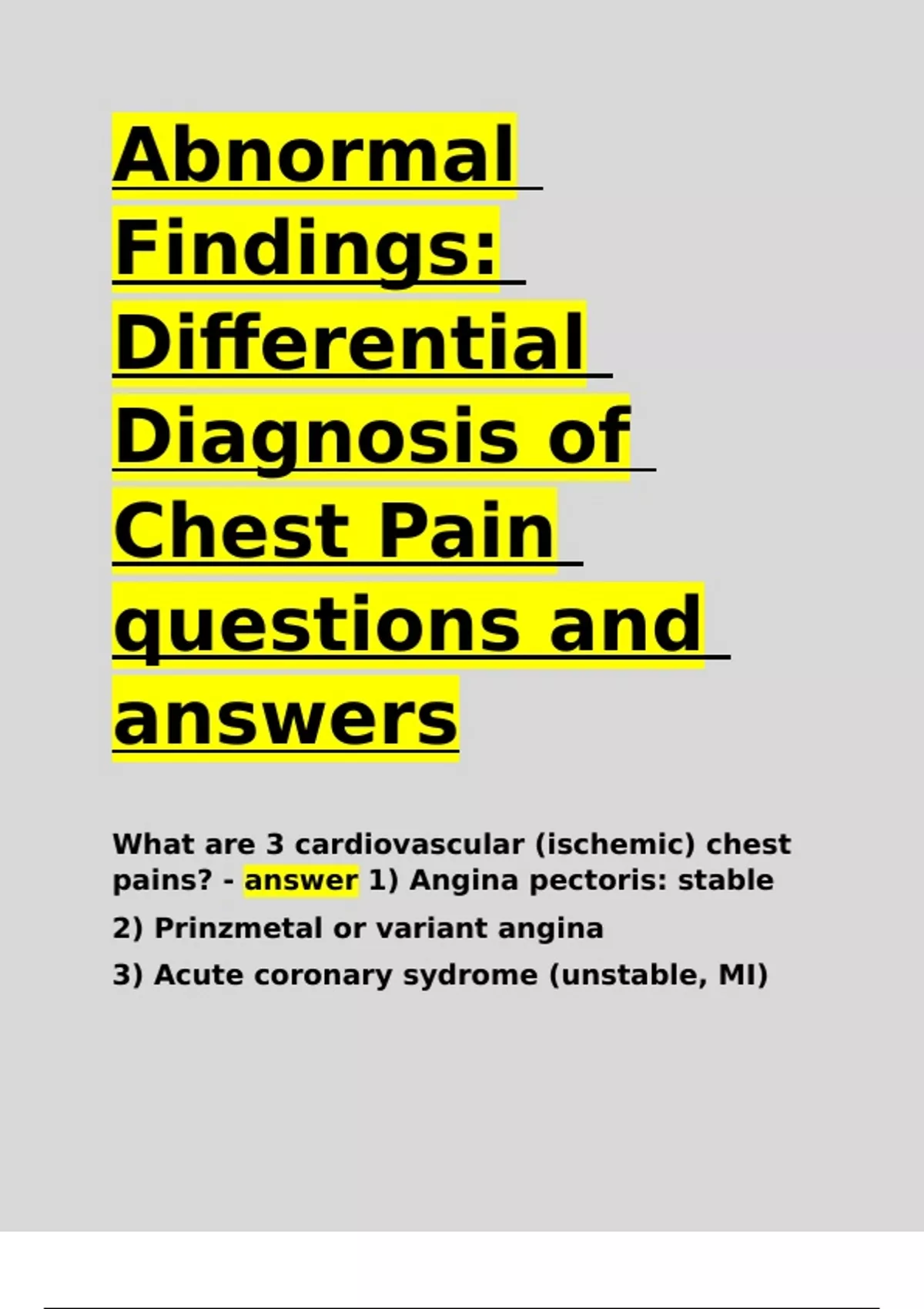 Abnormal Findings Differential Diagnosis of Chest Pain questions and ...