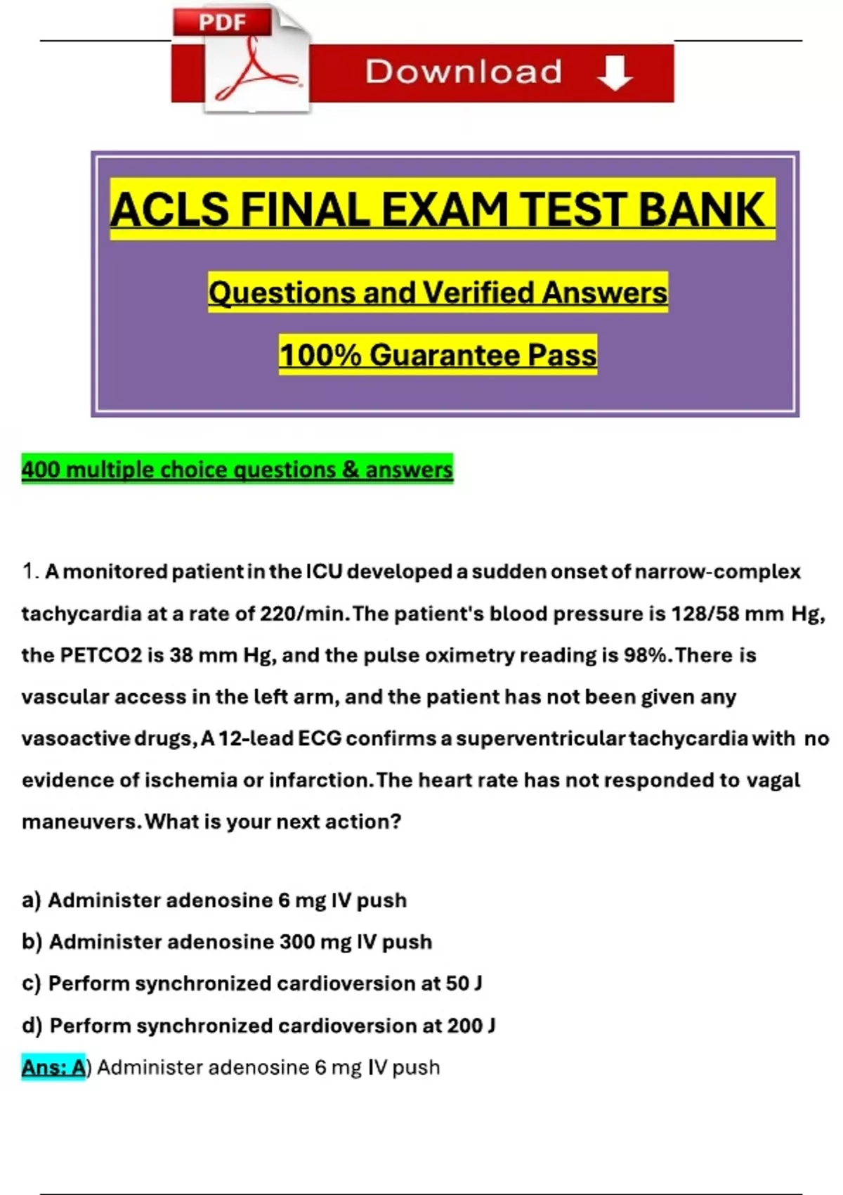 ACLS Final Exam TEST BANK (2025 / 2026) 400+ Questions and Verified ...