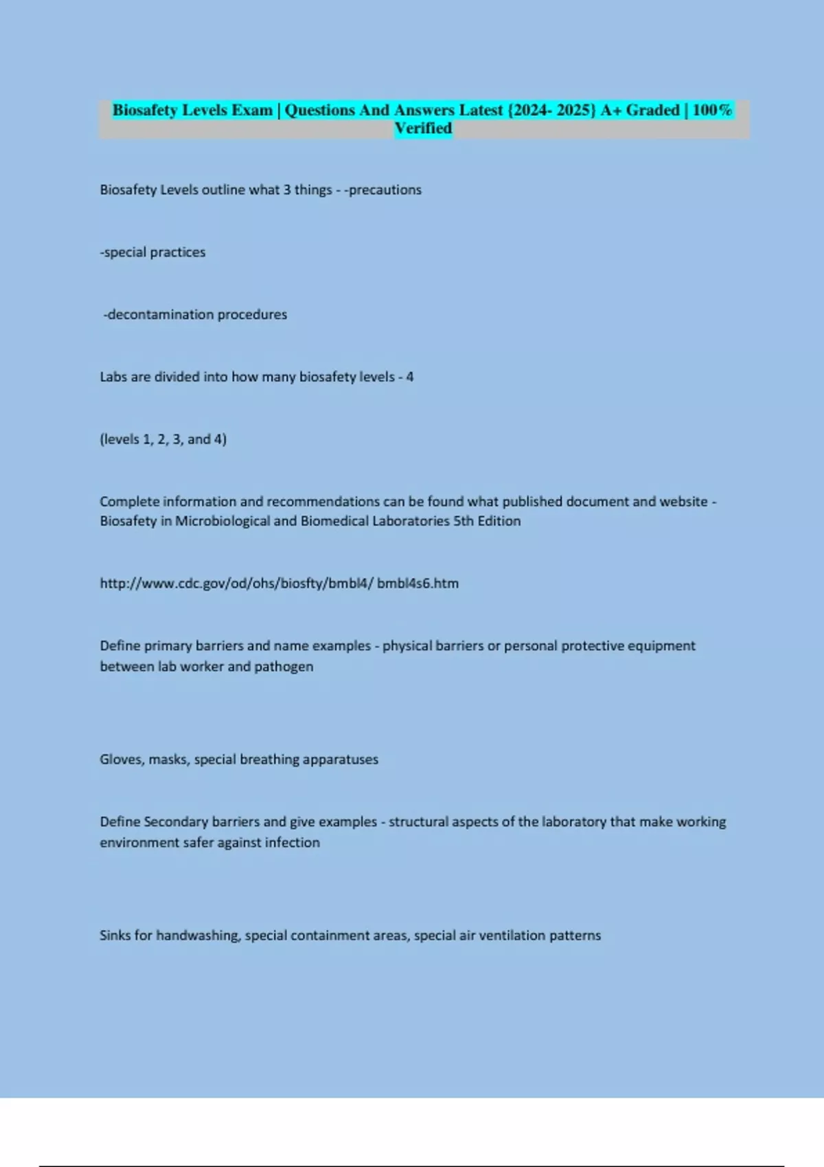 Biosafety Levels Exam | Questions And Answers Latest {} A+ Graded | 100 ...