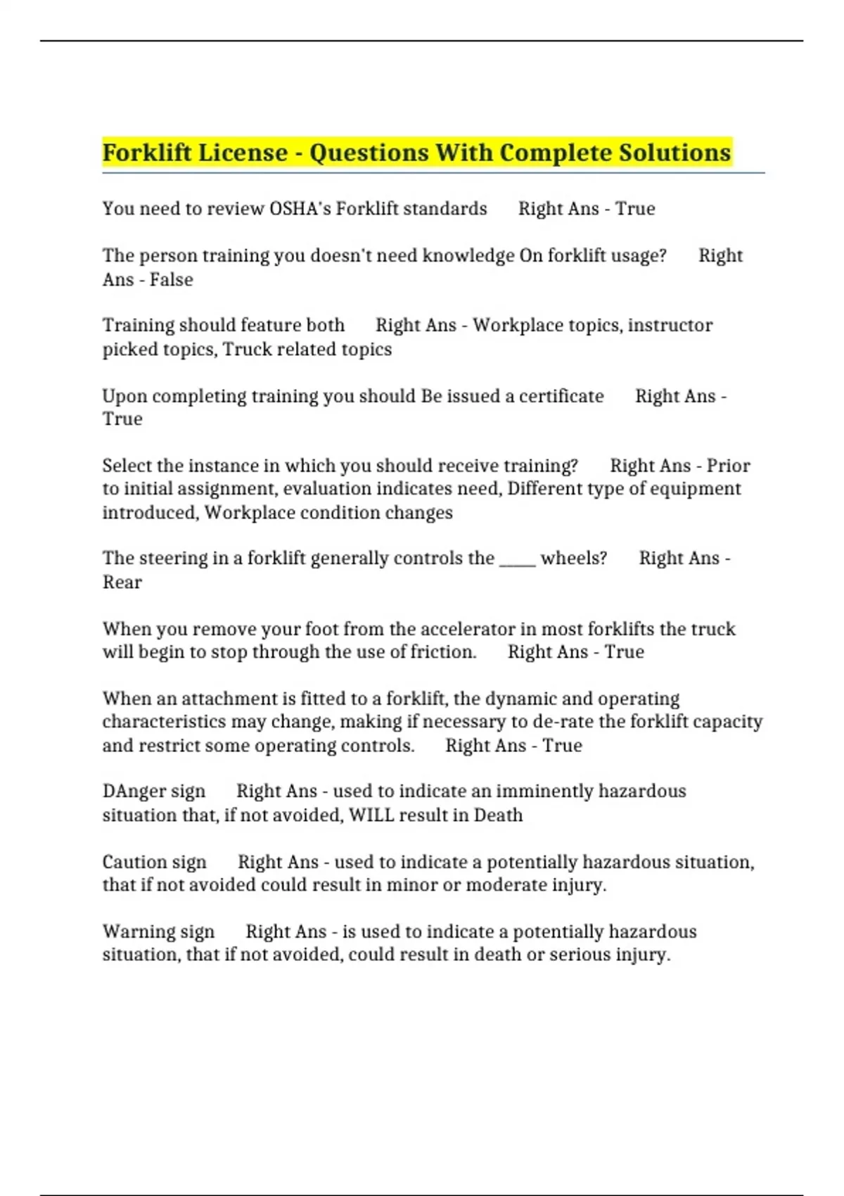 Forklift License - Questions With Complete Solutions - FORKLIFT ...