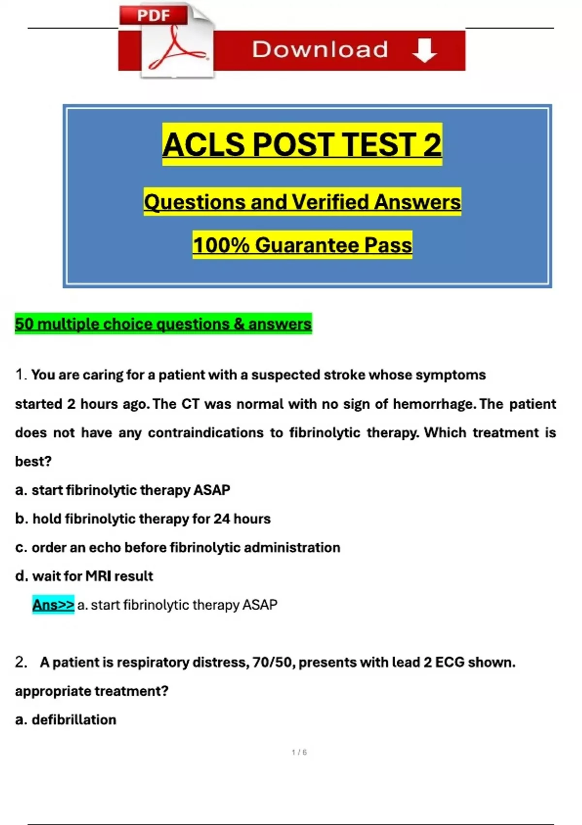 ACLS Post Test 2 Actual Questions with Verified Answers (2024 / 2025 ...