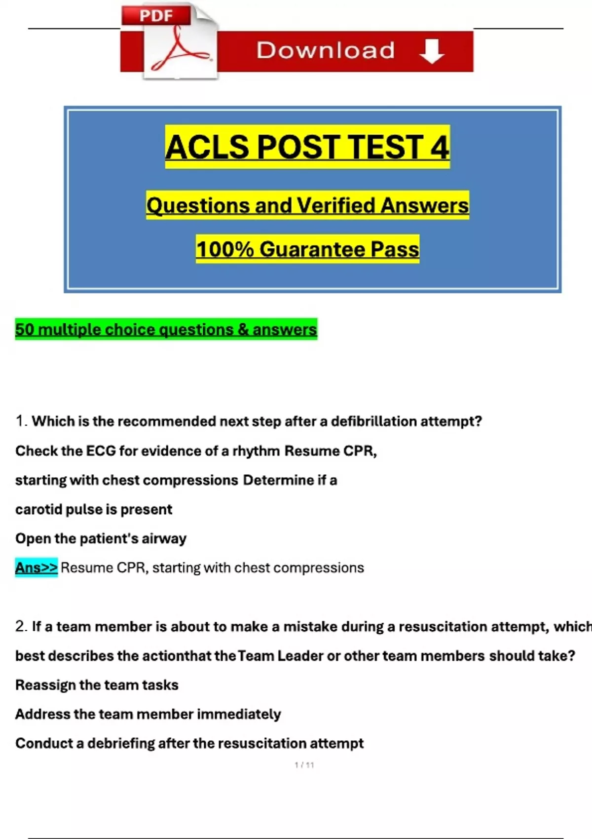 ACLS Post Test 4 Actual Questions with Verified Answers (2024 / 2025 ...