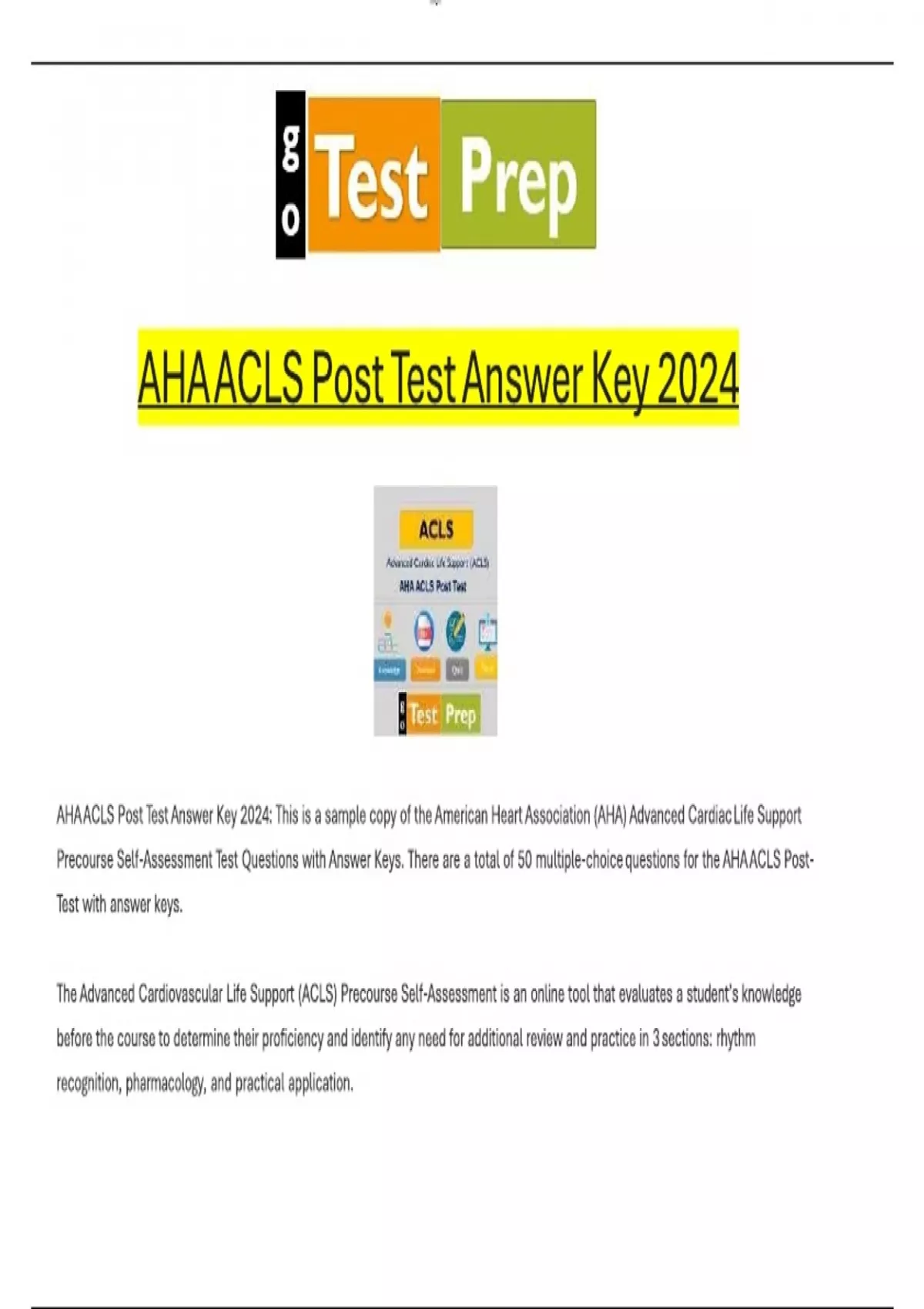 AHA ACLS Post Test Answers 2024 Precourse Self Assessment Test with ...