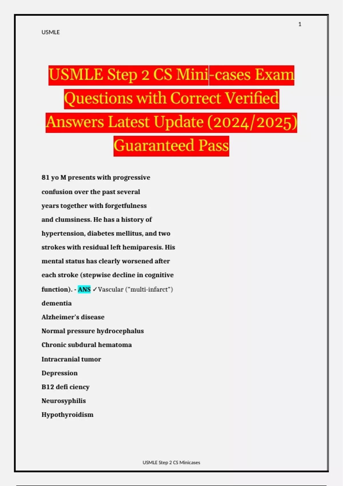 USMLE Step 2 CS Mini-cases Exam Questions with Correct Verified Answers ...