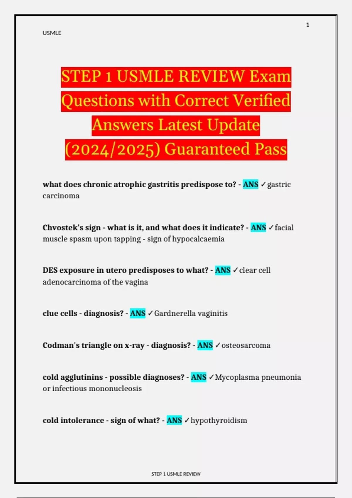 STEP 1 USMLE REVIEW Exam Questions with Correct Verified Answers Latest ...