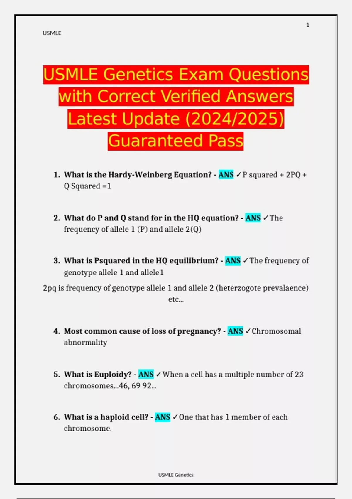 USMLE Genetics Exam Questions with Correct Verified Answers Latest ...