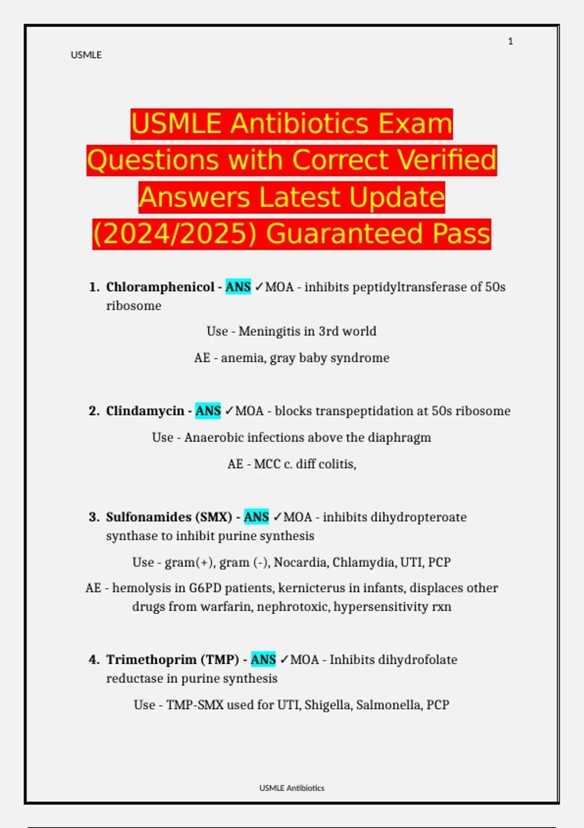 USMLE Antibiotics Exam Questions with Correct Verified Answers Latest ...