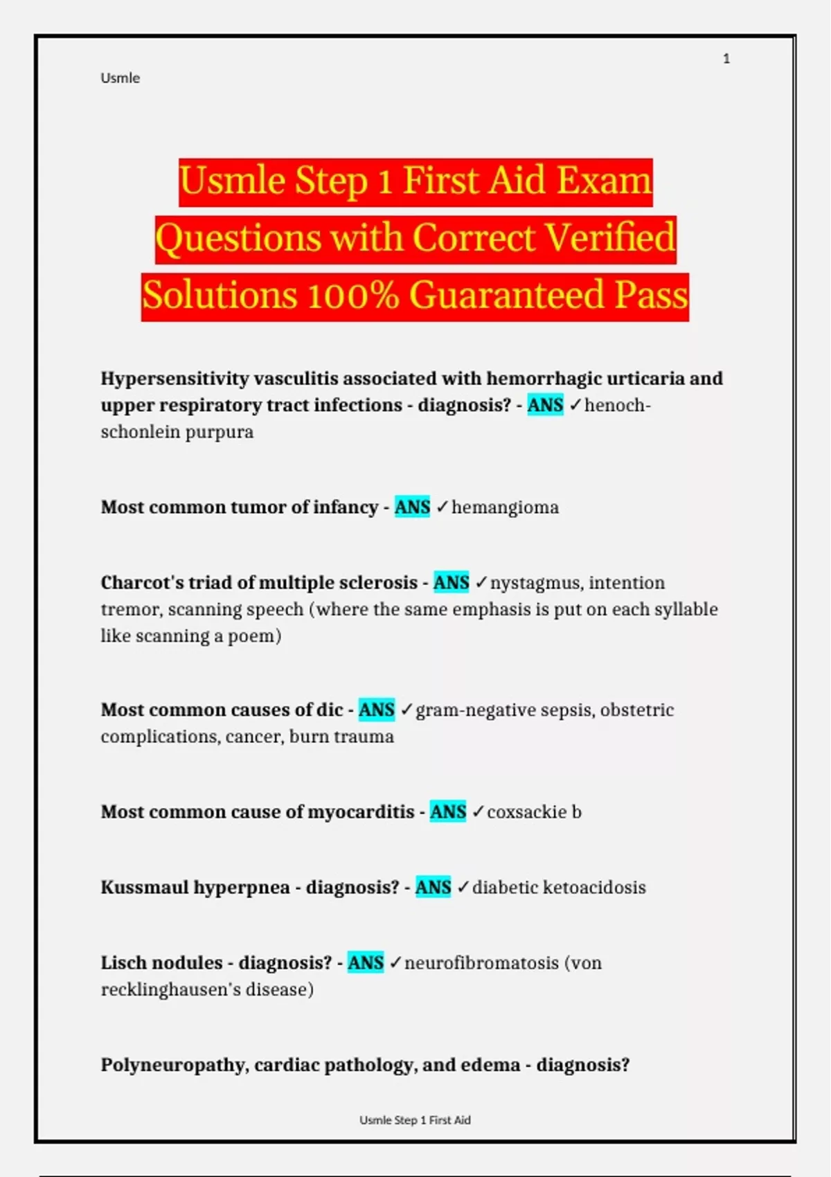 Usmle Step 1 First Aid Exam Questions with Correct Verified Solutions 100% Guaranteed Pass ...