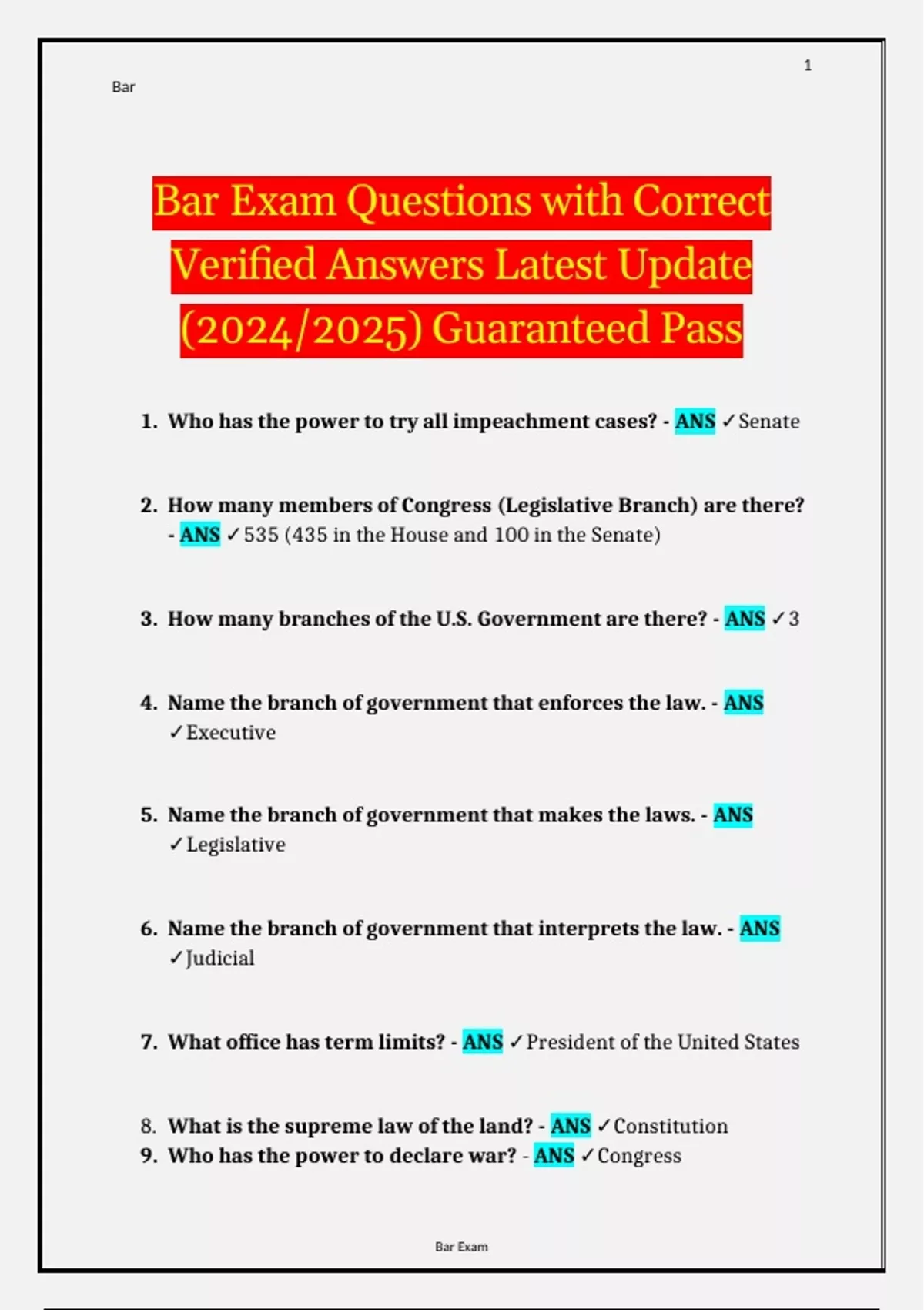 Bar Exam Questions with Correct Verified Answers Latest Update (2024/ ...