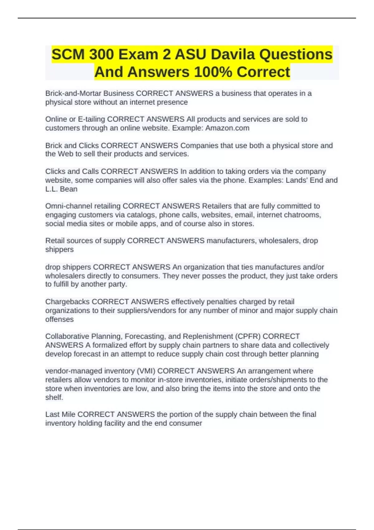 SCM 300 Exam 2 ASU Davila Questions And Answers 100% Correct - SCM 300 ...