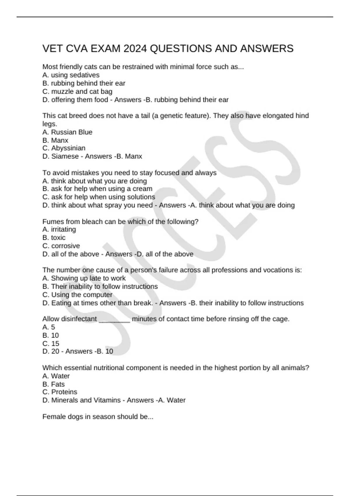 VET CVA EXAM 2024 QUESTIONS AND ANSWERS - VET CVA - Stuvia US