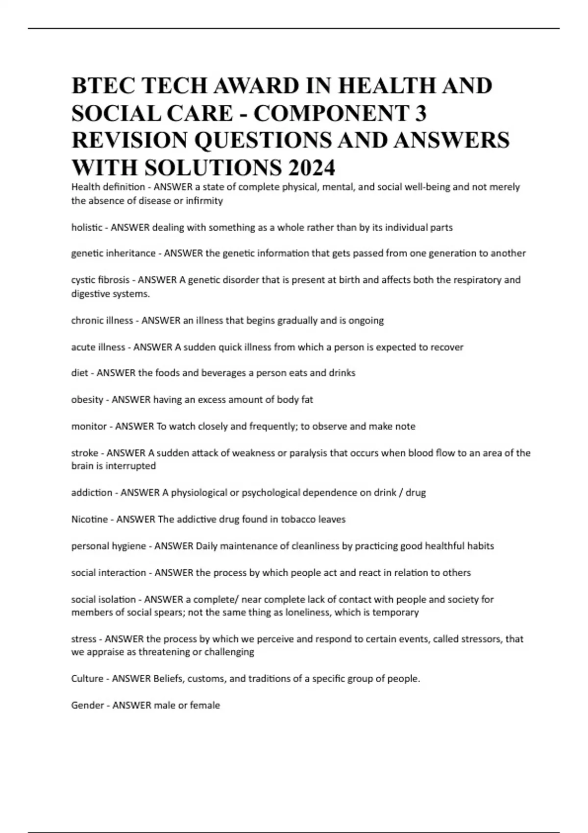 BTEC TECH AWARD IN HEALTH AND SOCIAL CARE - COMPONENT 3 REVISION ...