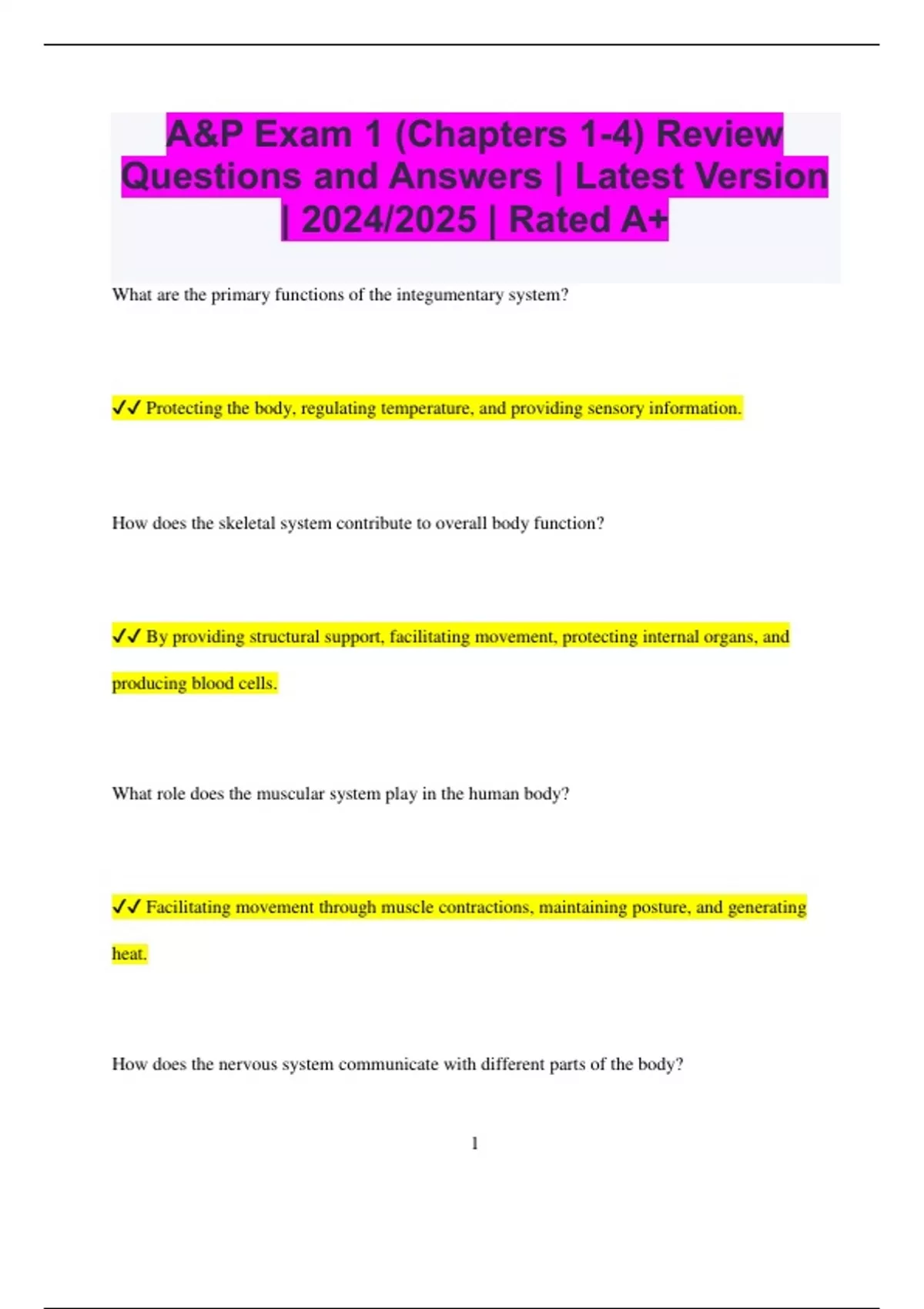 A&P Exam 1 (Chapters 1-4) Review Questions and Answers | Latest Version ...