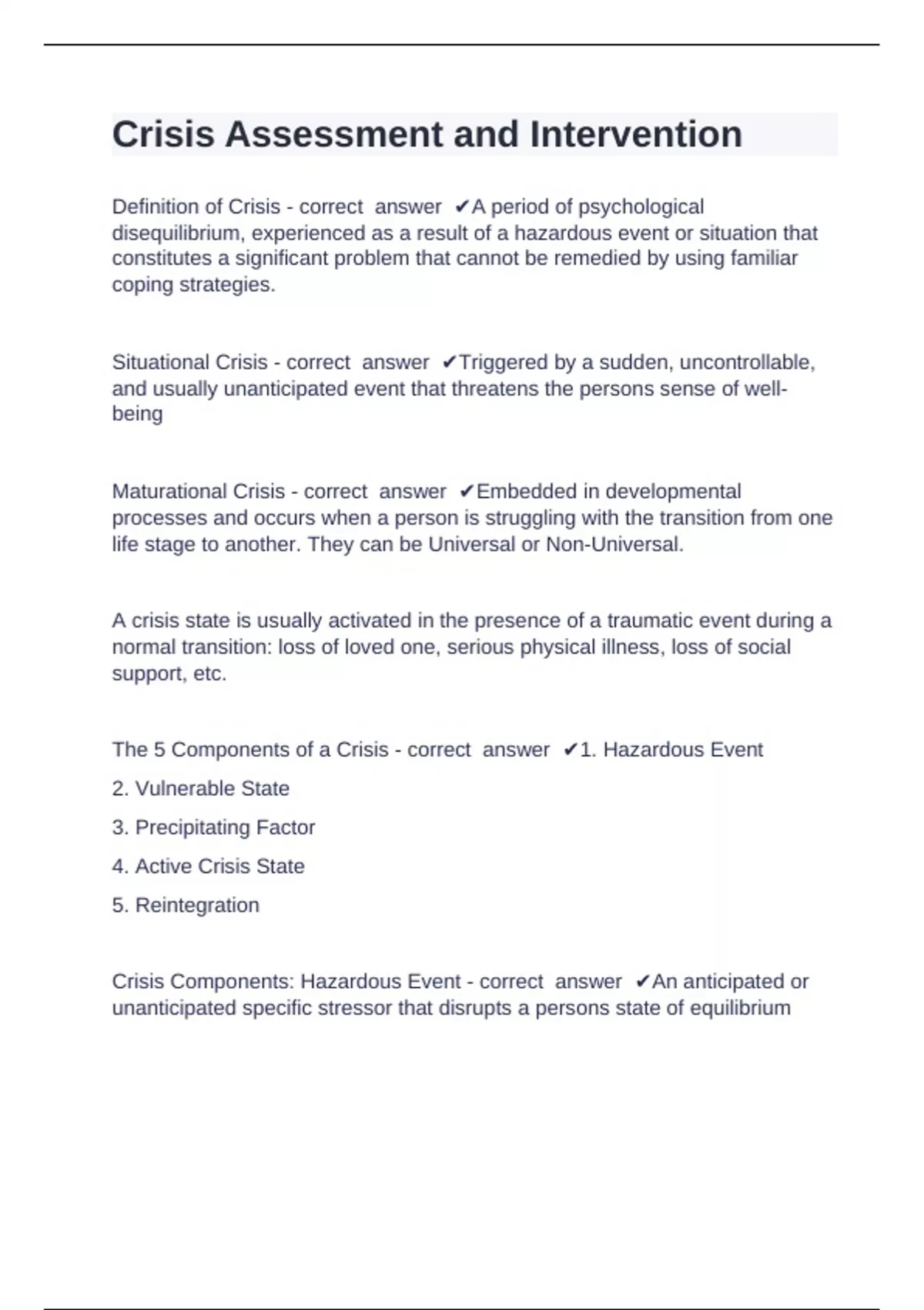 Crisis Assessment and Intervention questions with complete solutions ...