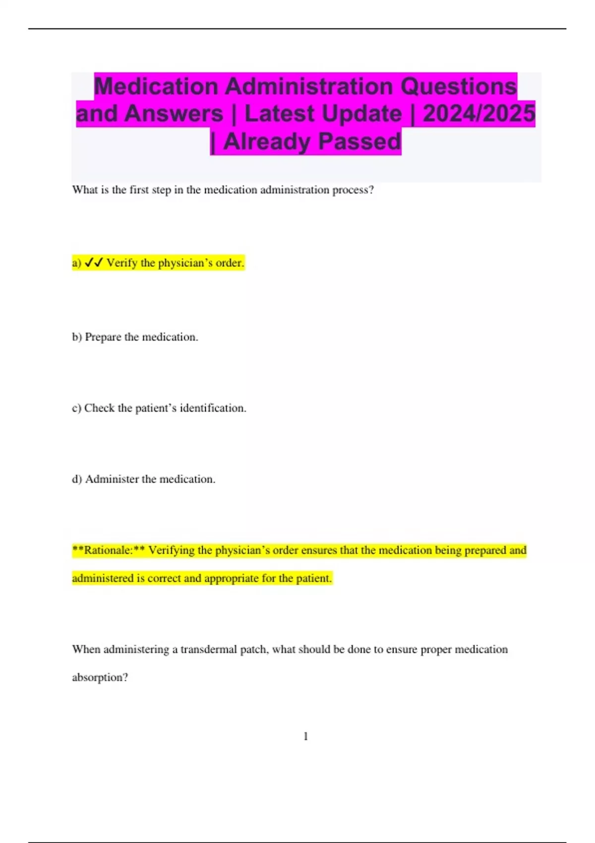 Medication Administration Questions and Answers | Latest Version | 2024 ...