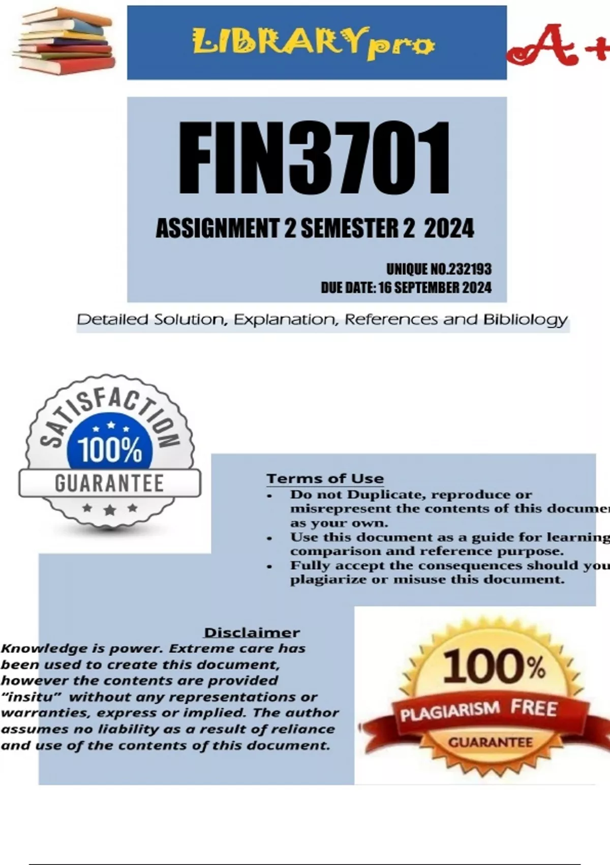 FIN3701 Assignment 2 Full Solutions Semester 2 2024 (232193) - DUE 16 September 2024 - Financial ...