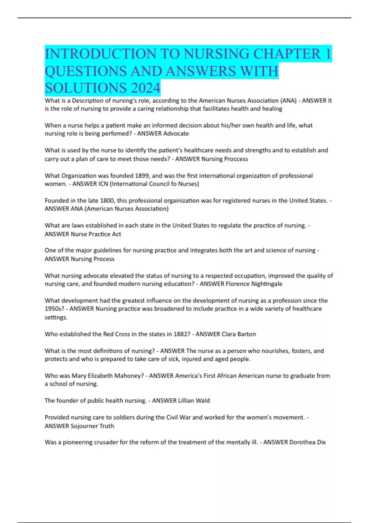 INTRODUCTION TO NURSING CHAPTER 1 QUESTIONS AND ANSWERS WITH SOLUTIONS ...