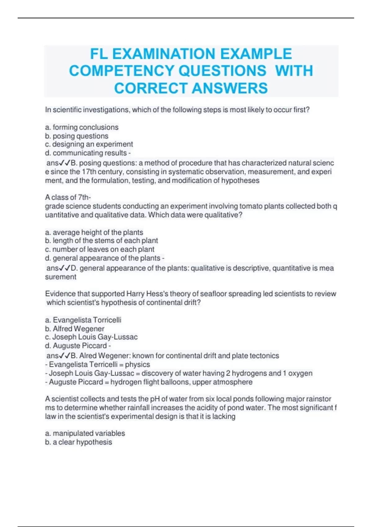FL EXAMINATION EXAMPLE COMPETENCY QUESTIONS WITH CORRECT ANSWERS - Florida Assessments Success ...
