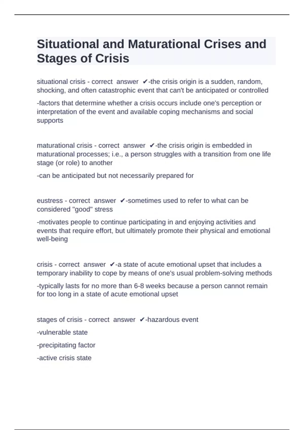 Situational and Maturational Crises and Stages of Crisis questions and ...
