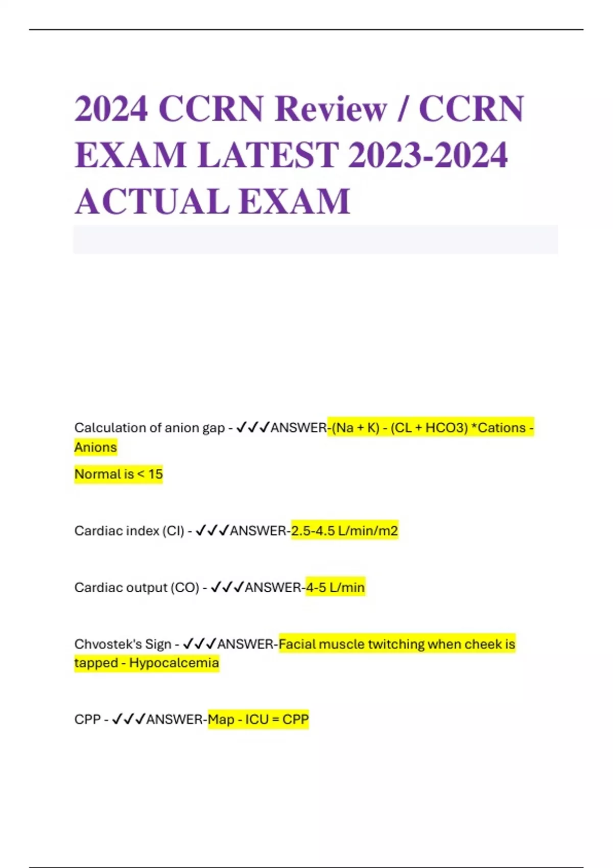 2024 CCRN Review / CCRN EXAM LATEST ACTUAL EXAM - 2024 CCRN - Stuvia US