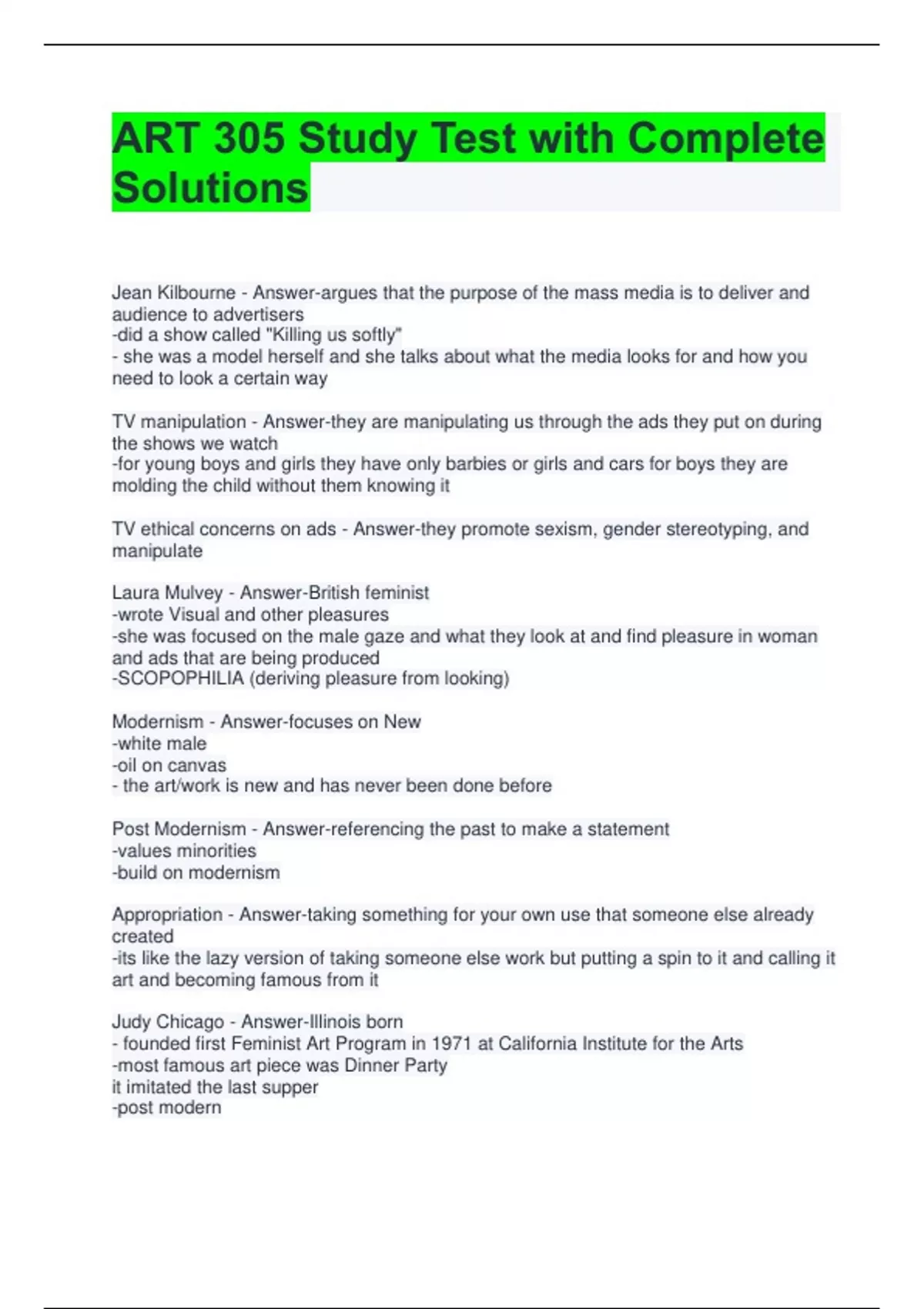 ART 305 Study Test with Complete Solutions - ART 305 - Stuvia US