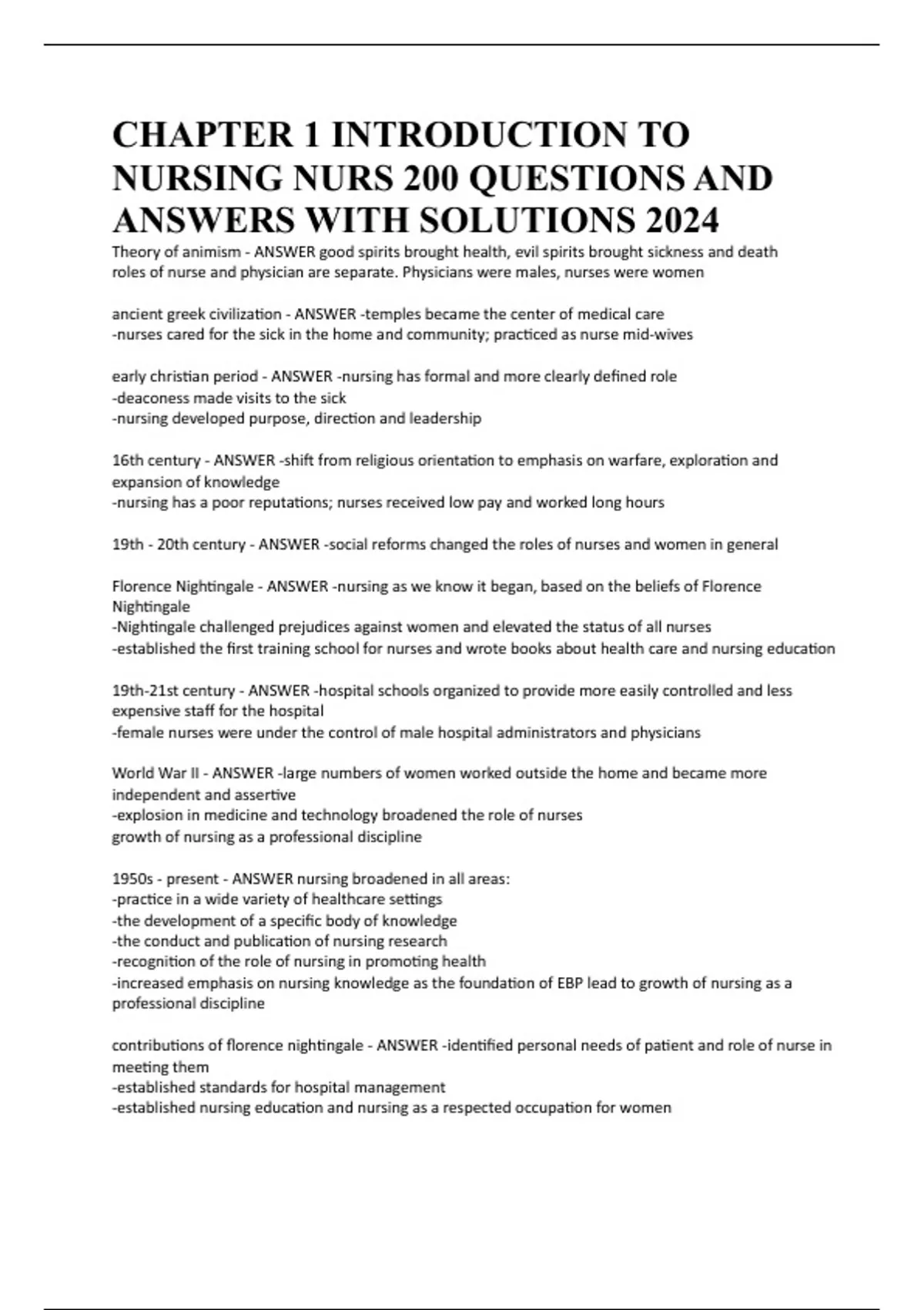 CHAPTER 1 INTRODUCTION TO NURSING NURS 200 QUESTIONS AND ANSWERS WITH ...