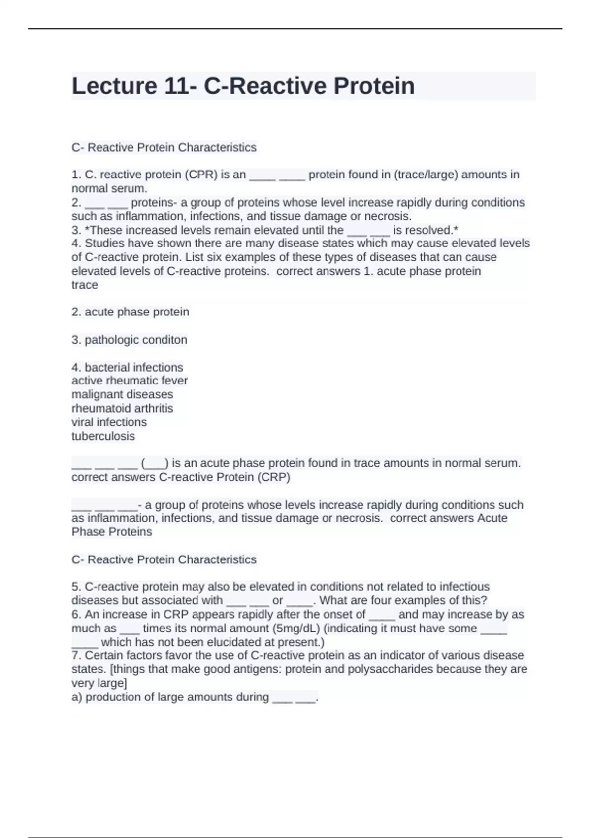 Lecture 11- C-Reactive Protein exam with correct answers 2024 - Lecture ...