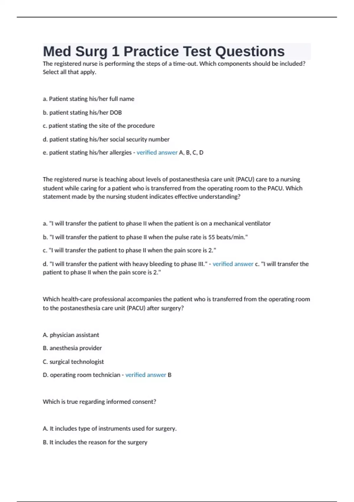 Med Surg 1 Practice Test Questions 2024/2025 - Med surg 1 - Stuvia US