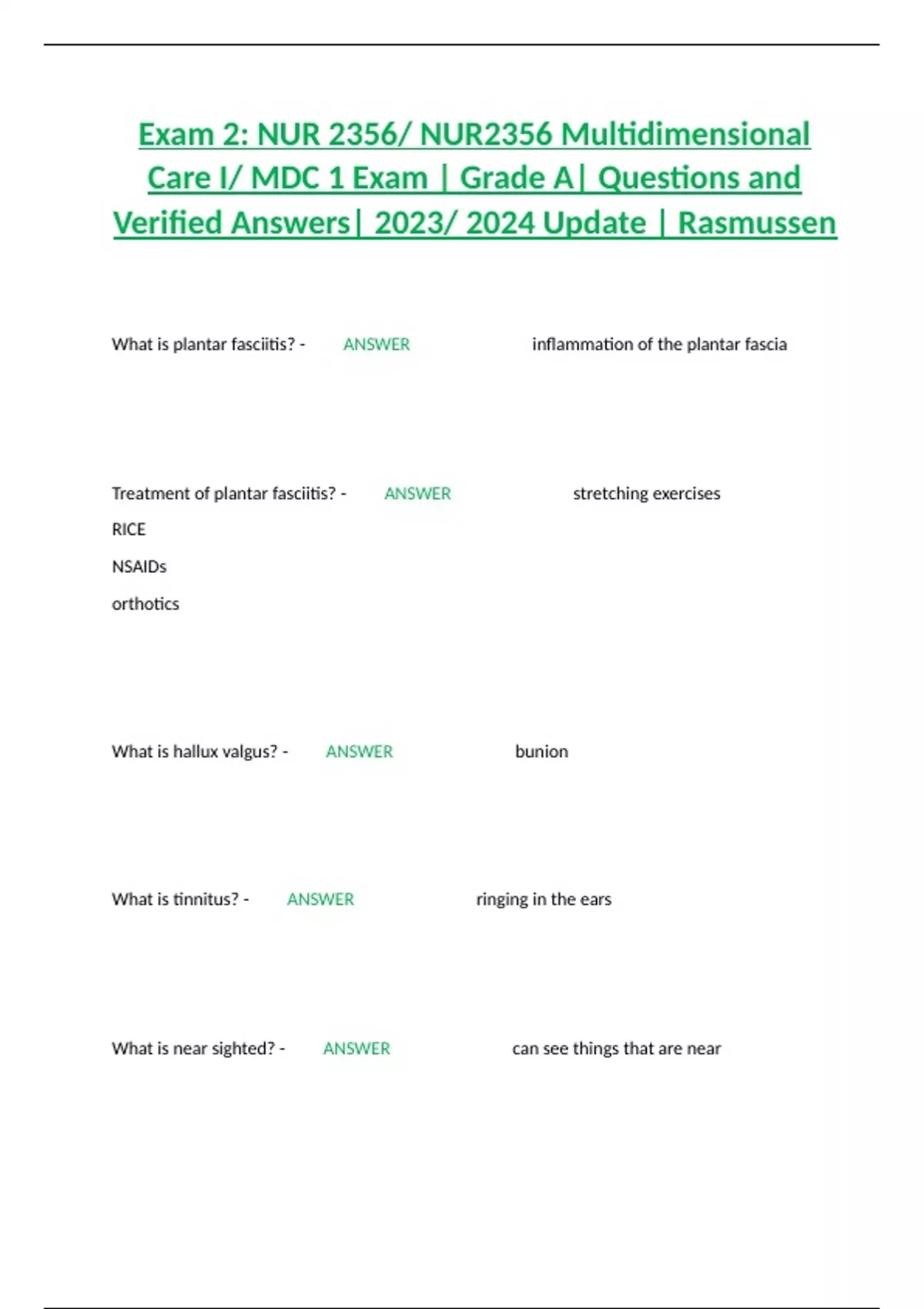 Exam 2 Nur 2356 Nur2356 Multidimensional Care I Mdc 1 Exam Grade A