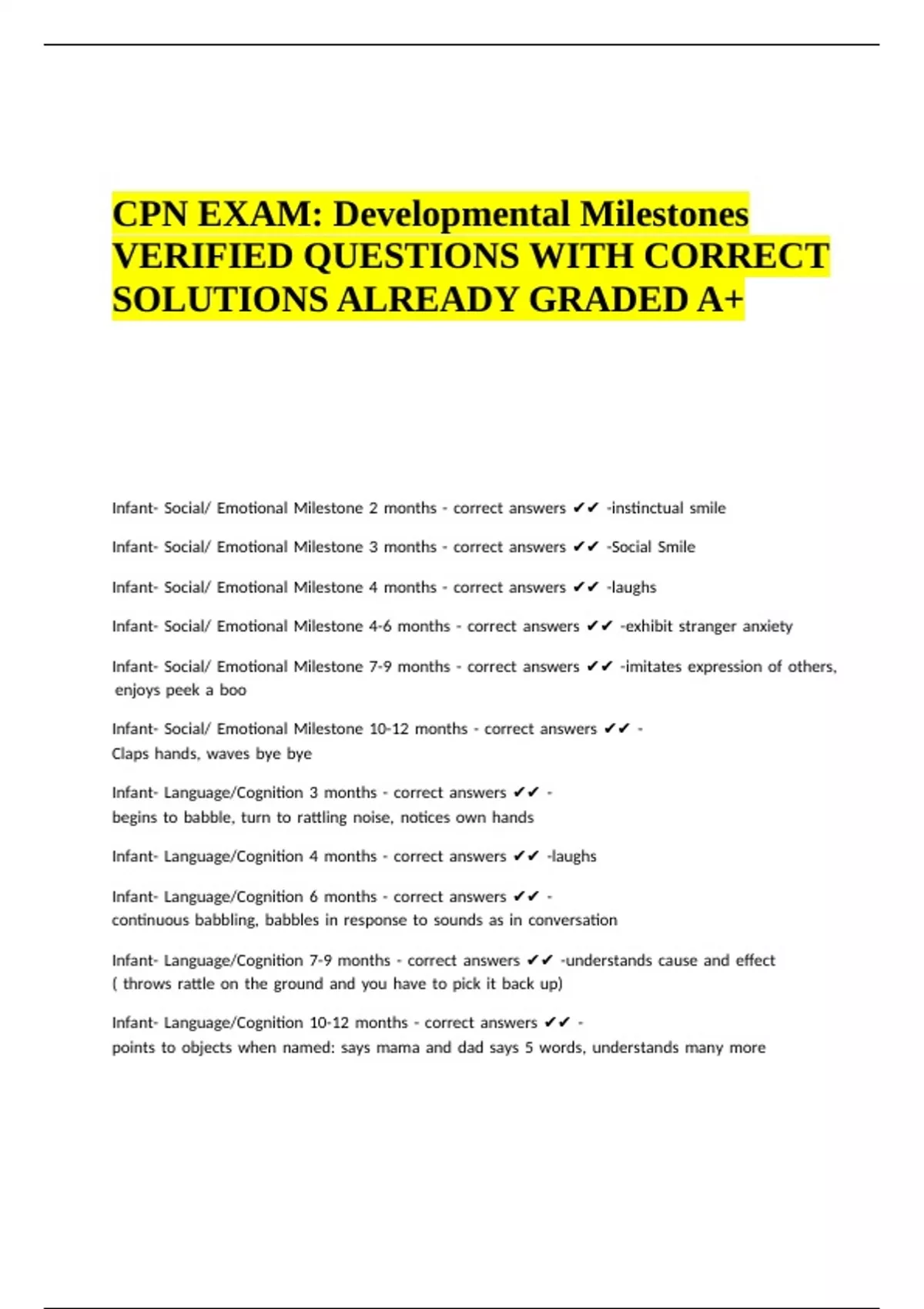 CPN EXAM Developmental Milestones VERIFIED QUESTIONS WITH CORRECT ...