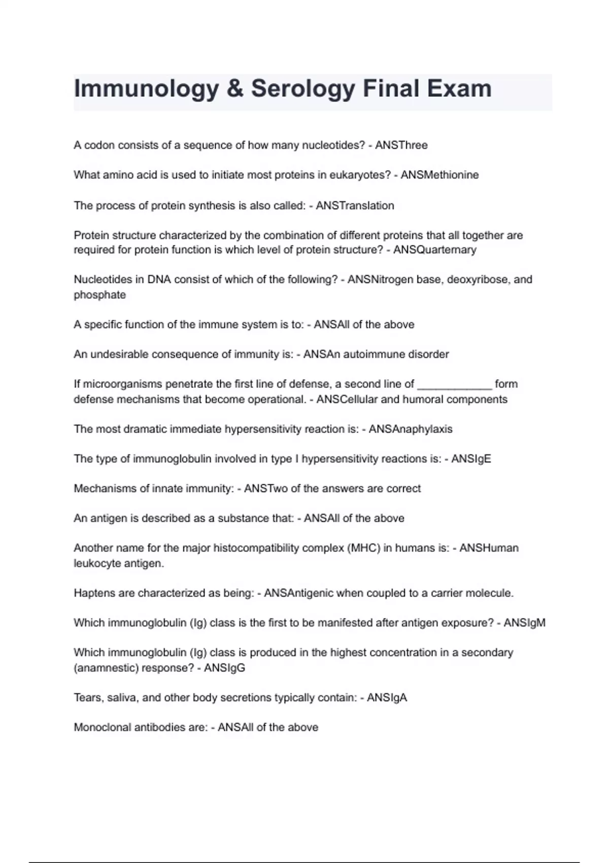 Immunology & Serology Final Exam questions with correct answers 2024/2025 - IMMUNOLOGY ...