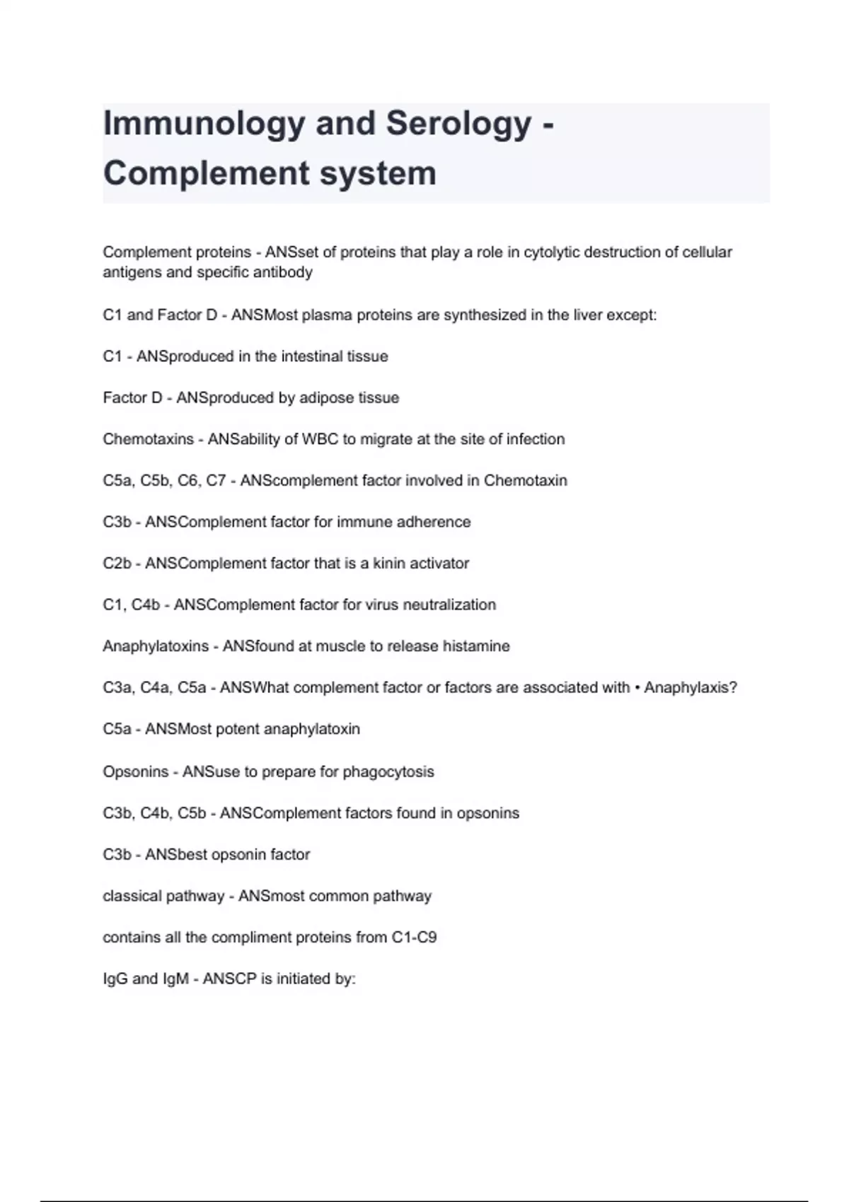 Immunology and Serology - Complement system questions with correct ...