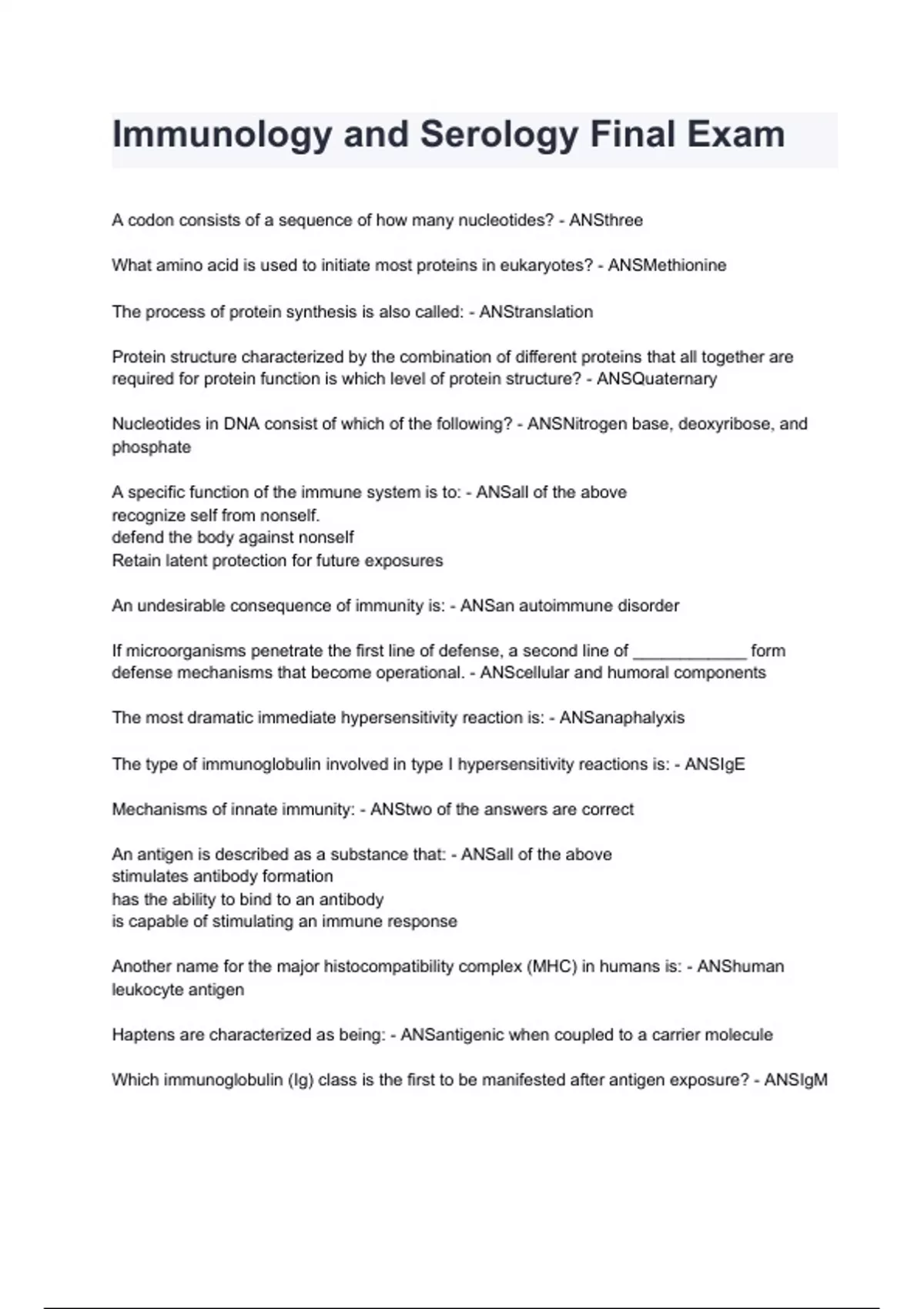 Immunology and Serology Final Exam questions with correct answers 2024/ ...