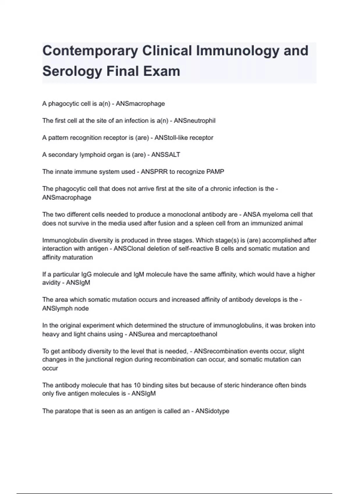 Contemporary Clinical Immunology and Serology Final Exam questions with ...
