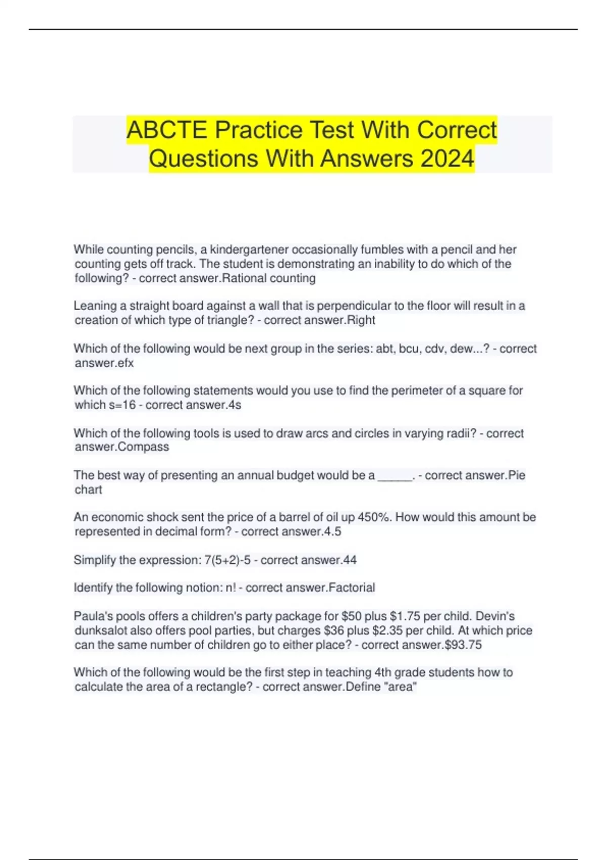 ABCTE Practice Test With Correct Questions With Answers 2024 - ABCTE ...