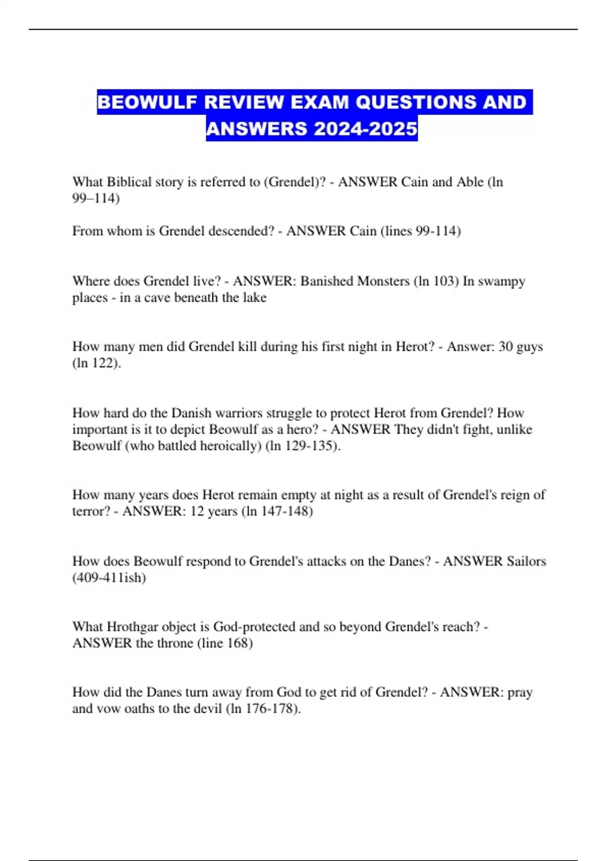 BEOWULF REVIEW EXAM QUESTIONS AND ANSWERS - BEOWULF - Stuvia US