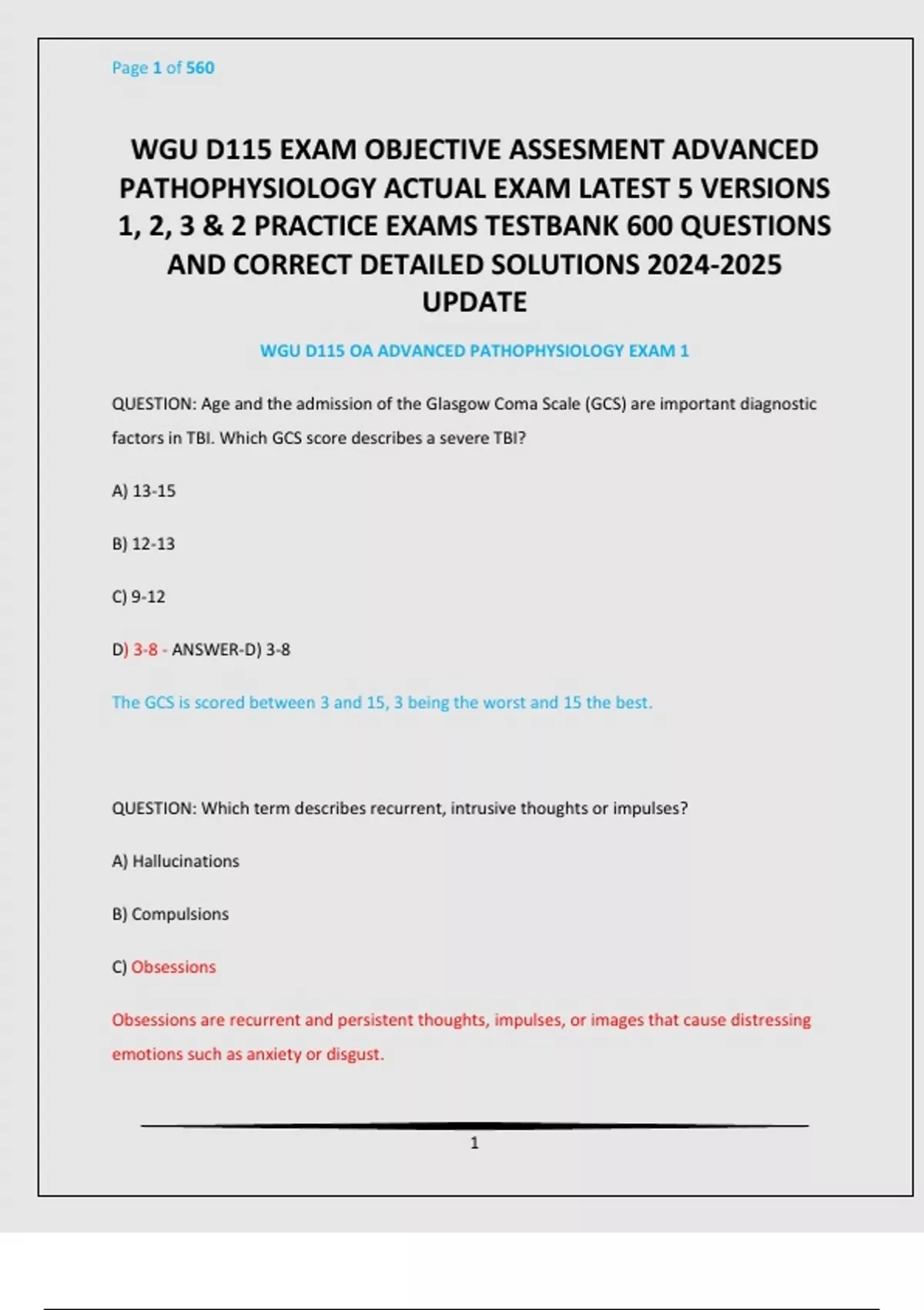 WGU D115 EXAM OBJECTIVE ASSESMENT ADVANCED PATHOPHYSIOLOGY ACTUAL EXAM ...