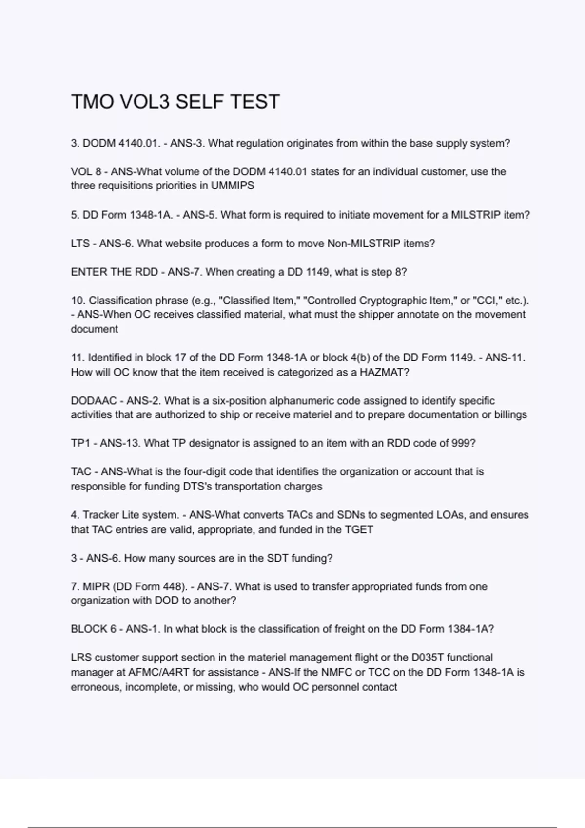 TMO VOL3 SELF TEST (1). Questions & 100% Verified Correct Answers with ...