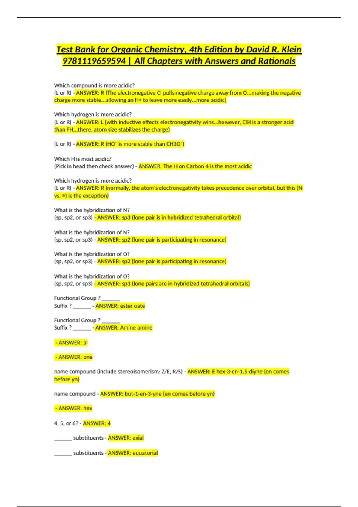 Organic Chemistry, 4th Edition by David R. Klein 9781119659594 | All ...