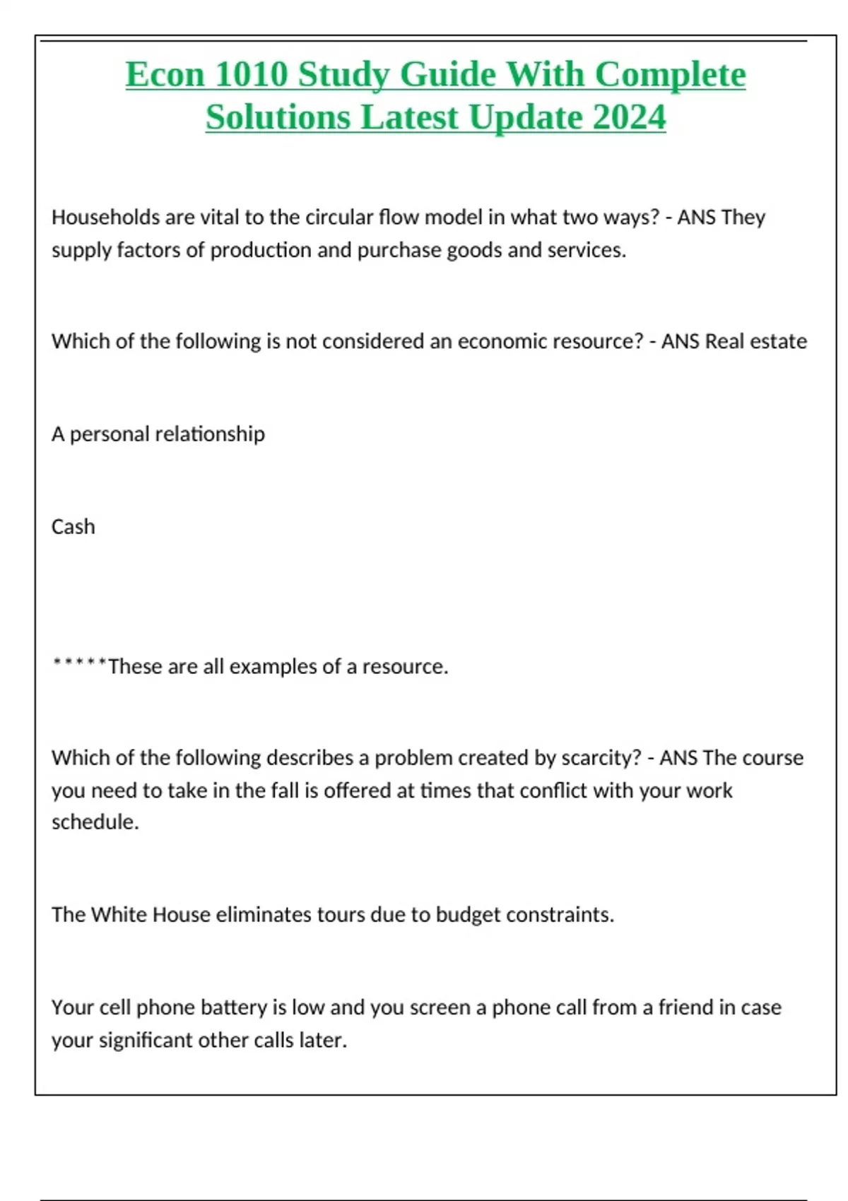 Econ 1010 Study Guide With Complete Solutions Latest Update 2024 - Econ ...